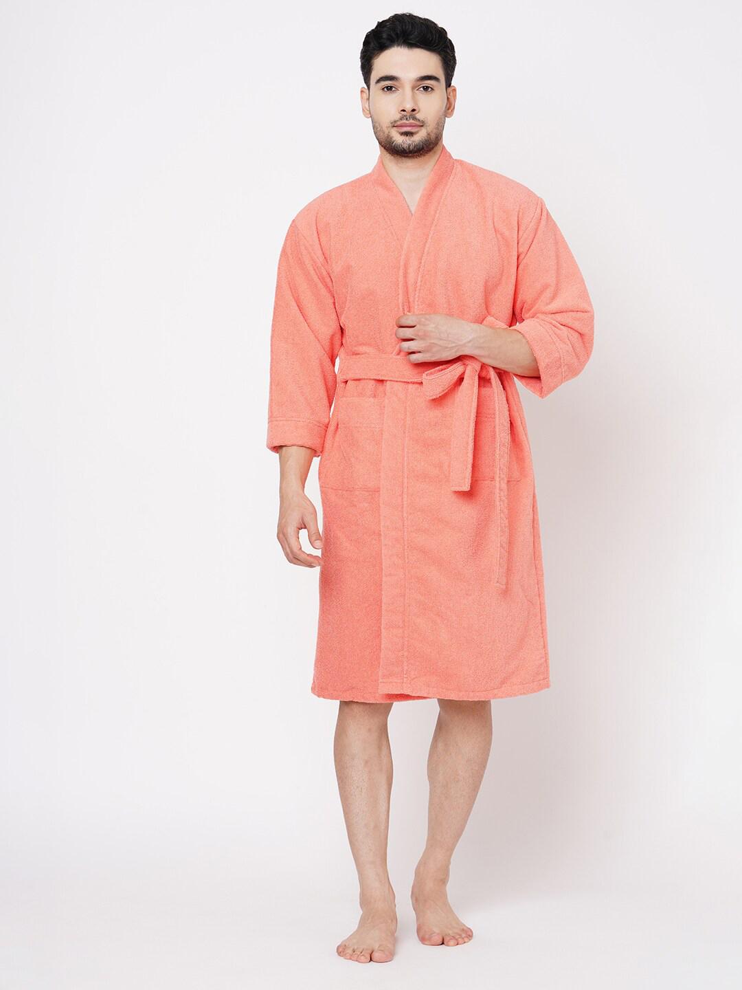 Buy Welspun Dew Peach Solid Cotton Drawstring Knee Length Bath Robe ...