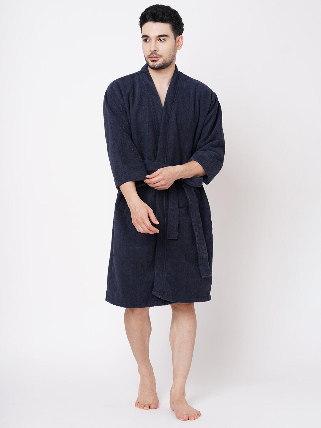 Buy Welspun Dew Grey Solid Cotton Drawstring Knee Length Bath Robe ...