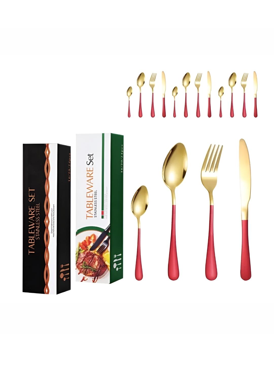 Buy Wosta Red & Gold Toned 24 Pieces Stainless Steel Mixed Cutlery Set ...