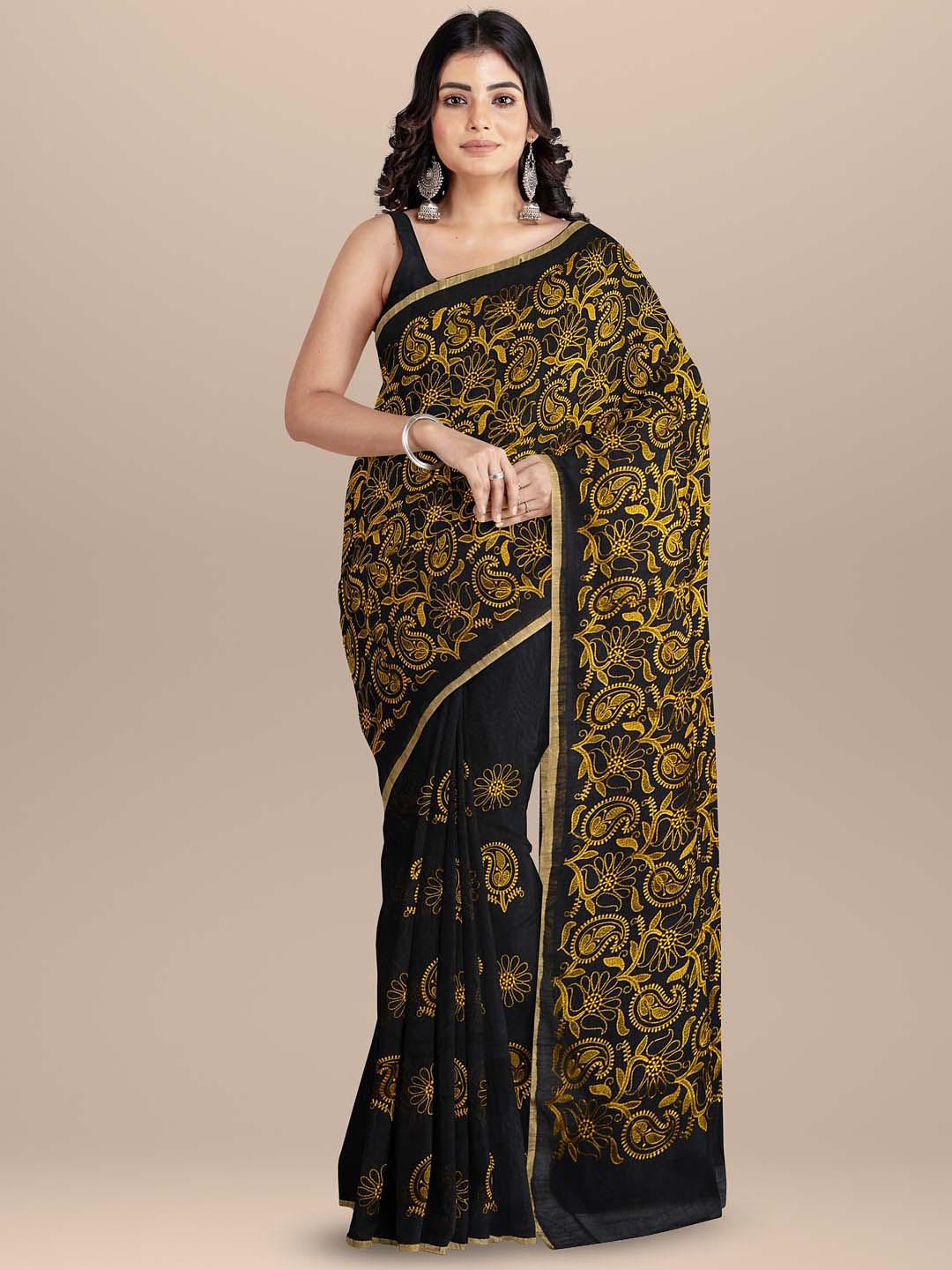 Buy SARIKA Black Floral Embroidered Pure Cotton Saree - Sarees for ...