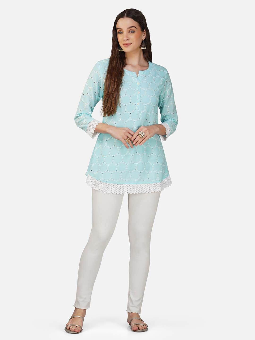 Buy INDIAN KNOTS Notch Neck Chikankari Printed Pure Cotton Flared Kurti ...