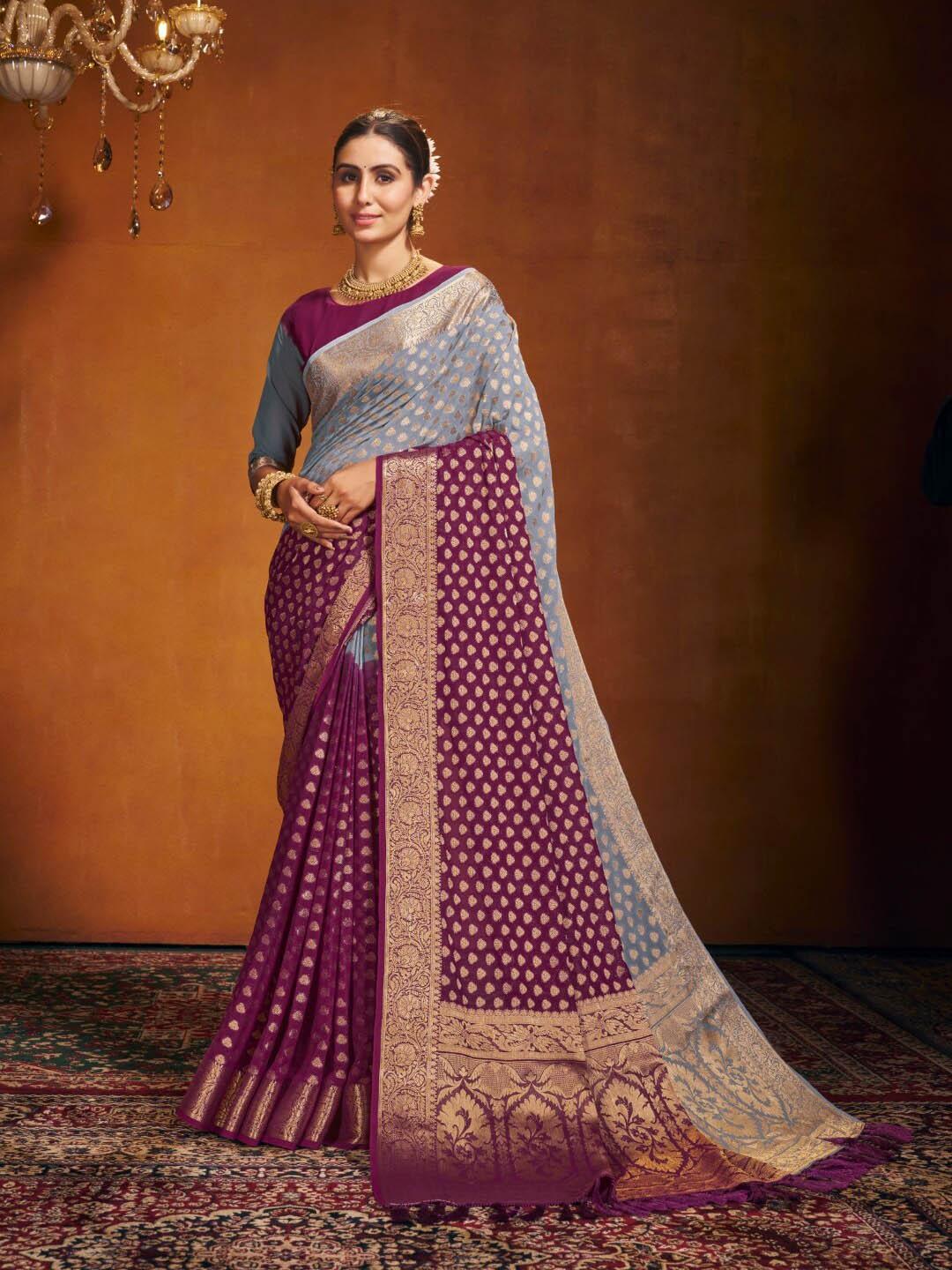 Buy V3 FASHION STUDIO Ethnic Motifs Woven Design Zari Pure Georgette ...