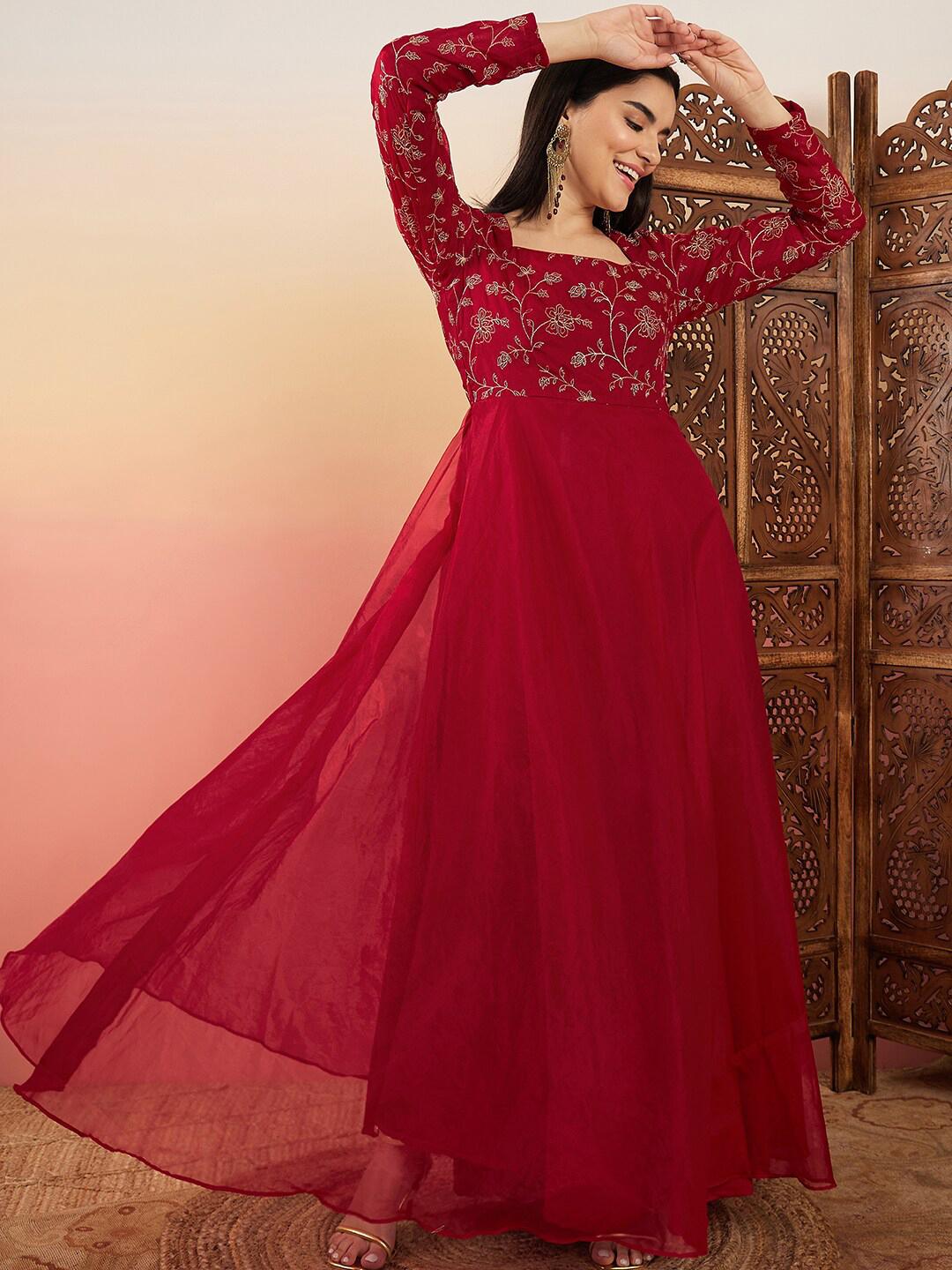 Buy Sangria Women Flroal Zari Embroidered Maxi Dress - Ethnic Dresses ...