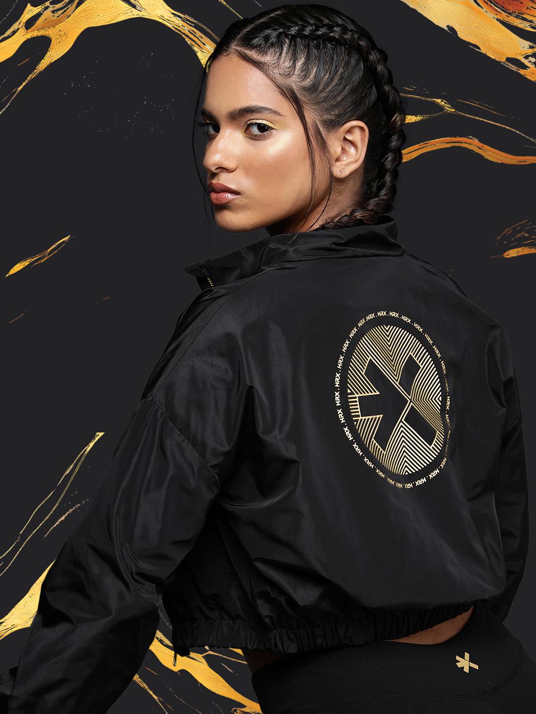 Buy HRX By Hrithik Roshan Brand Logo Printed Crop Sporty Jacket ...