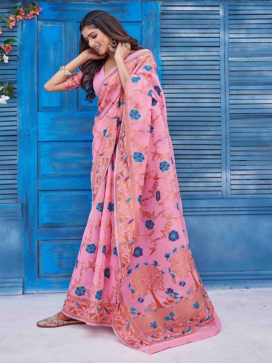 Buy Ariya Prints Floral Woven Design Zari Pure Linen Kanjeevaram Saree ...