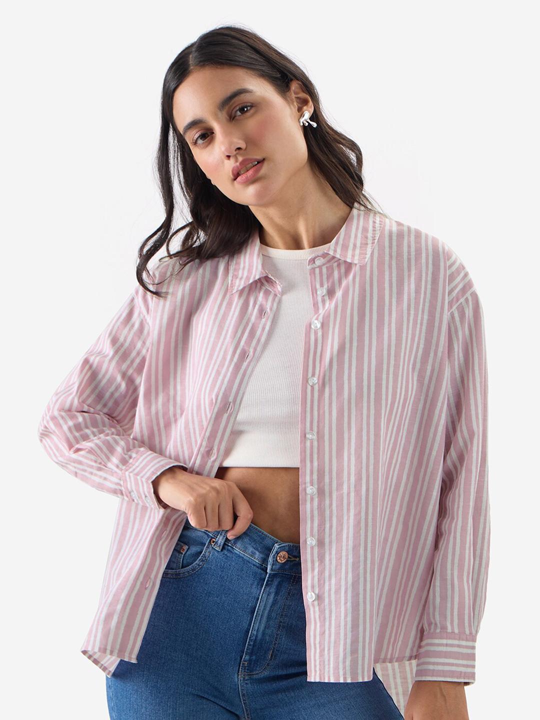 Buy The Souled Store Coral Striped Oversized Cotton Casual Shirt ...