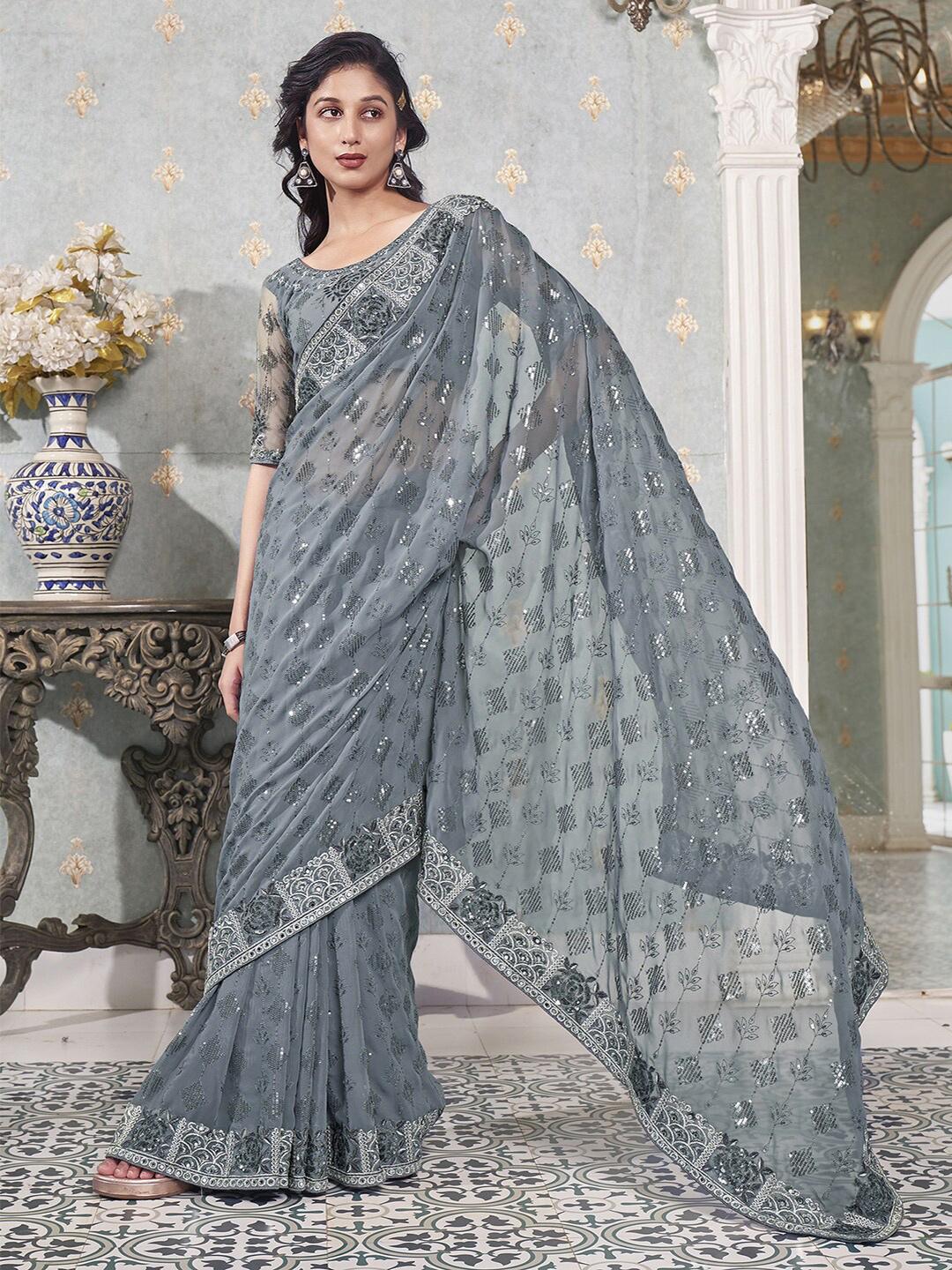 Buy Satrani Grey Sequinned Embroidered Saree - Sarees for Women ...