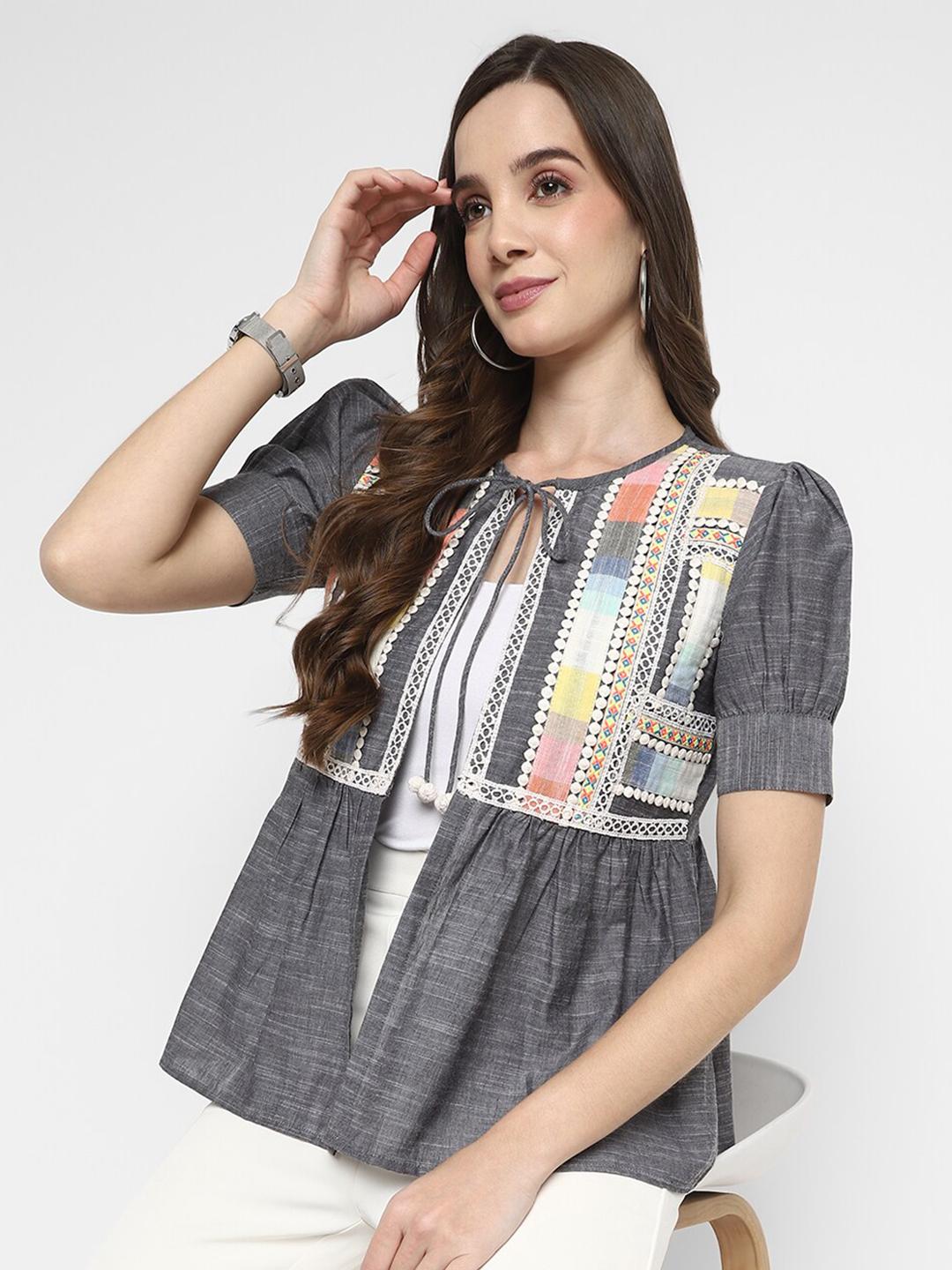 Buy Taurus Tie Up Neck Puff Sleeve Cotton Open Front Jacket With ...