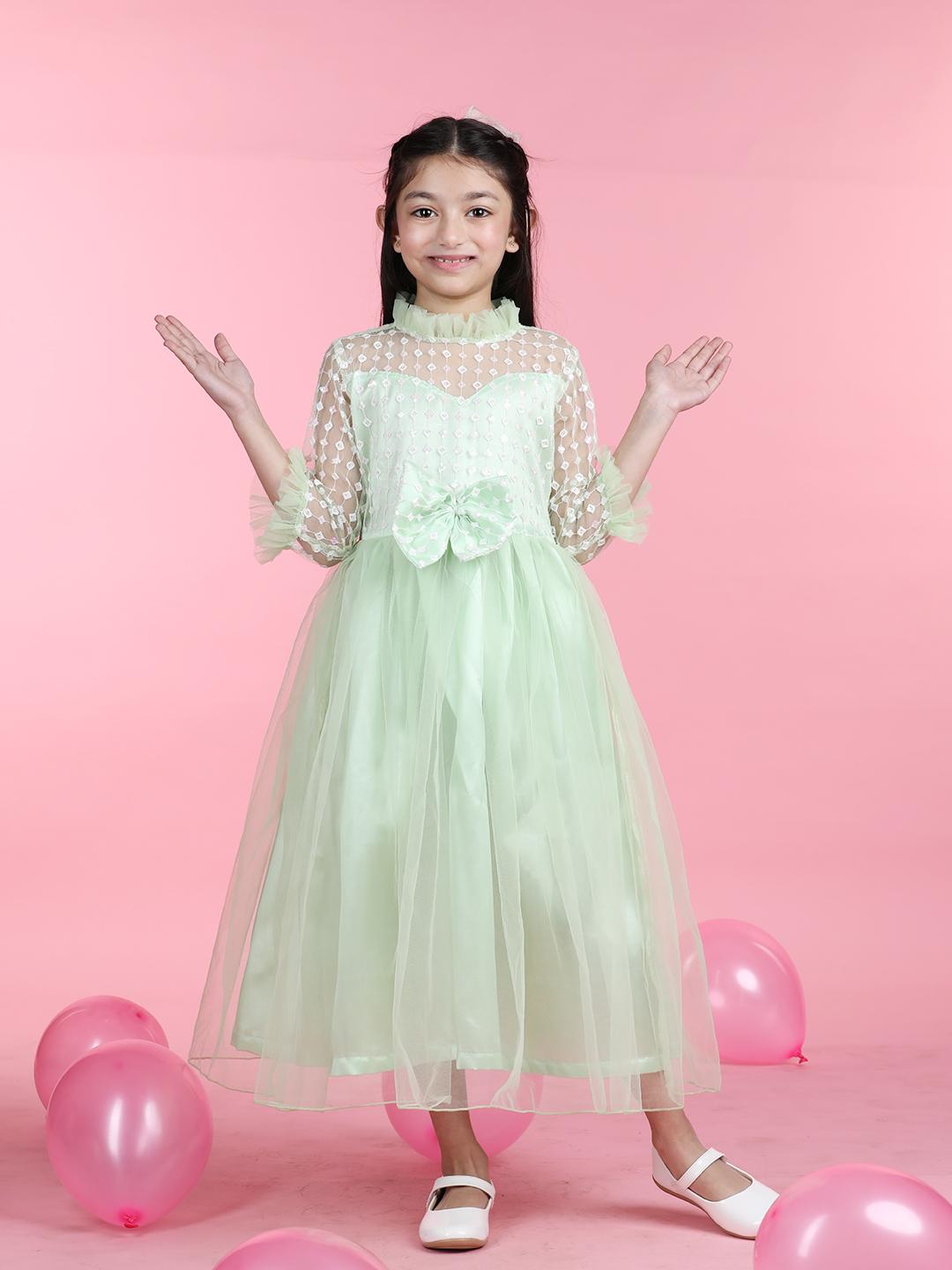 Buy Cutiekins Girls Mandarin Collar Flared Embellished Bow Detailed Net ...