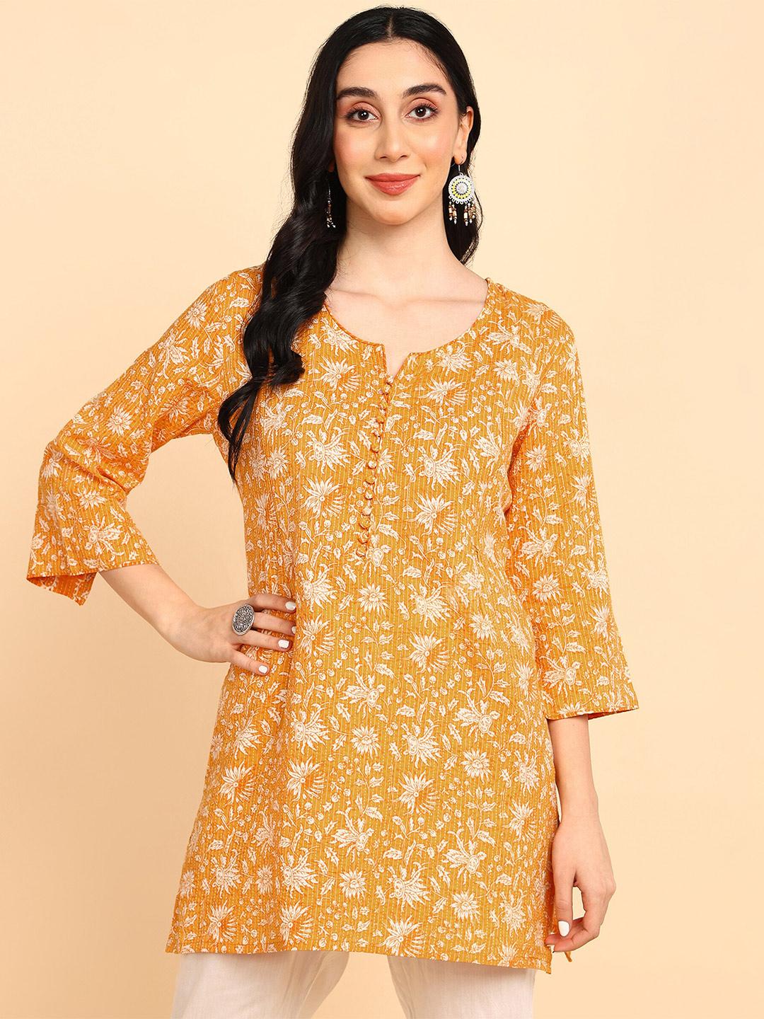 Buy House Of Zelena Floral Print Cotton Notched Neck Opaque A Line Top ...