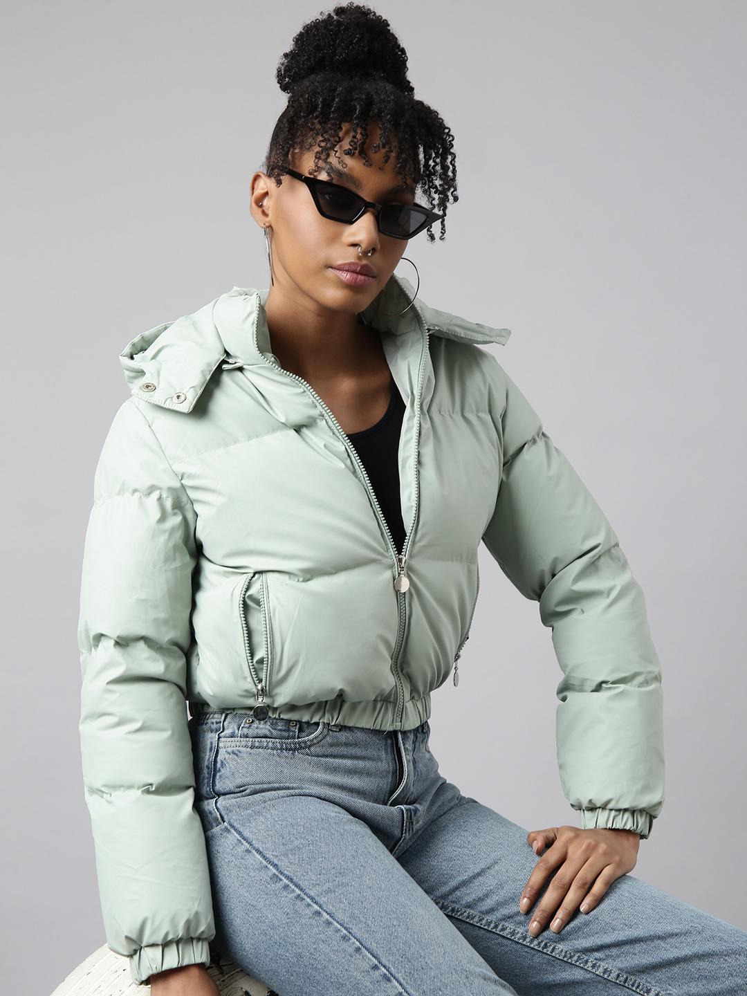 Buy SHOWOFF Detachable Hood Long Sleeves Windcheater Crop Puffer Jacket ...