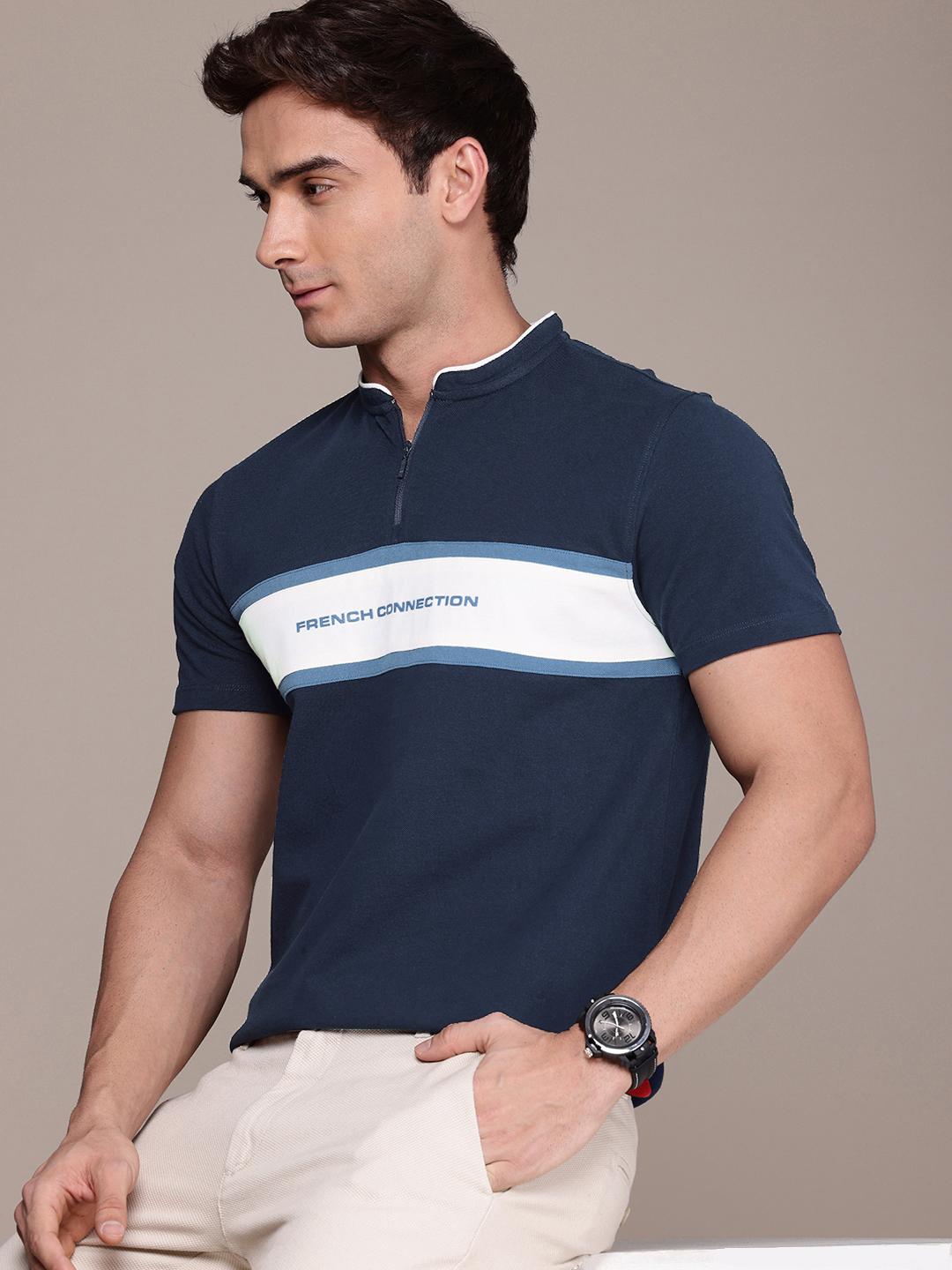 Buy French Connection Brand Logo Printed Henley Neck Pure Cotton T ...