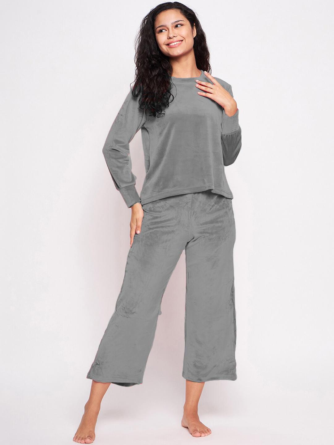 Buy Camey Round Neck Long Sleeves Velvet Night Suit - Night Suits for ...