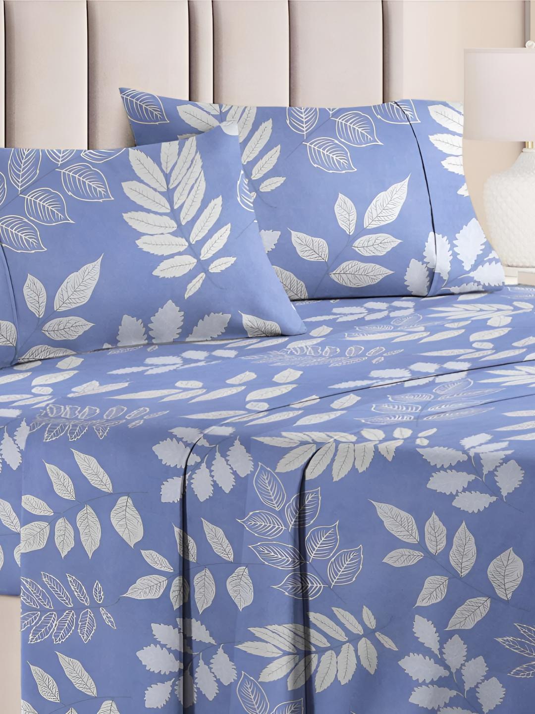 Buy HOMEKART Prime Blue Leaf Microfiber 144 TC Queen Bedsheet With 2 ...
