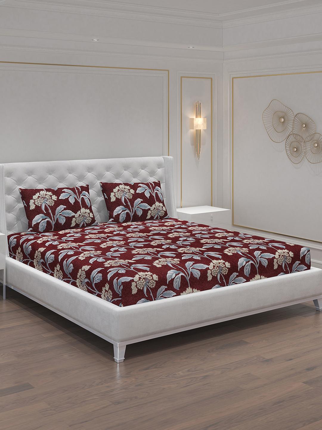 Buy Moca By Monte Carlo Maroon Floral Polycotton 120 TC Queen 2 ...