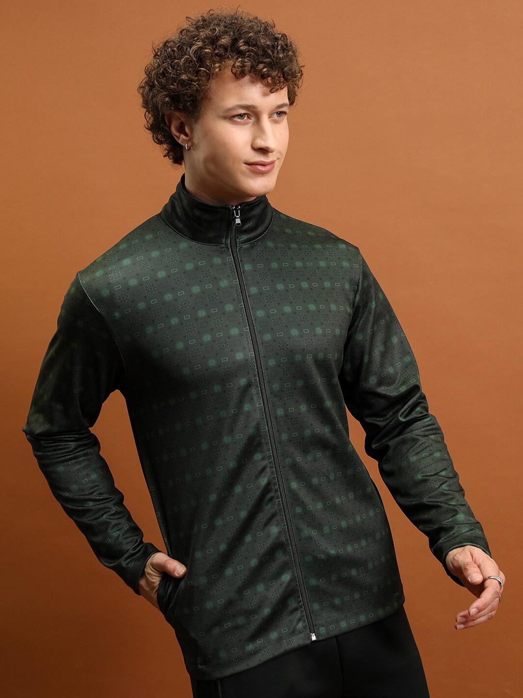Buy HIGHLANDER Geometric Printed Mock Collar Front Open Sweatshirt ...