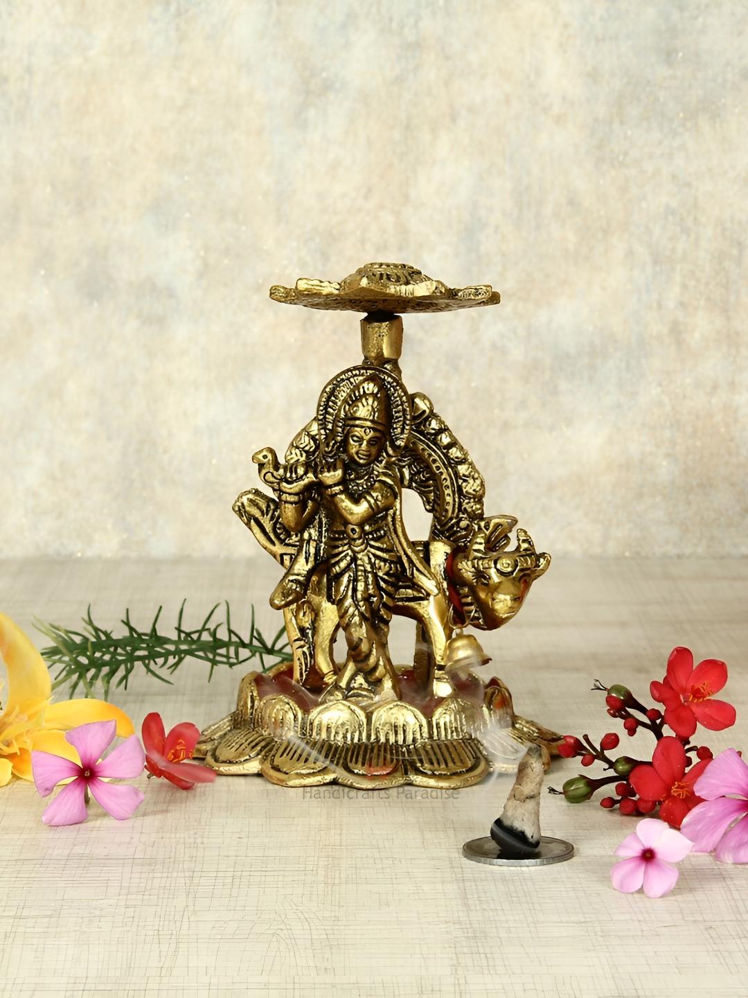 Buy HANDICRAFTS PARADISE Krishna With Chattar And Cow Gold Metal ...