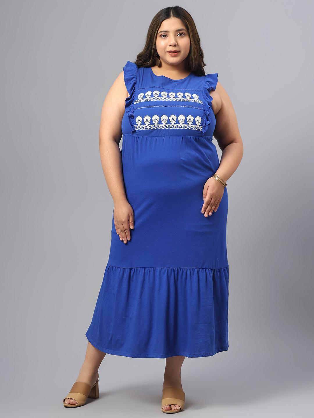 Buy SAAKAA Plus Size Floral Embroidered Sleeveless Ruffles A Line Midi ...