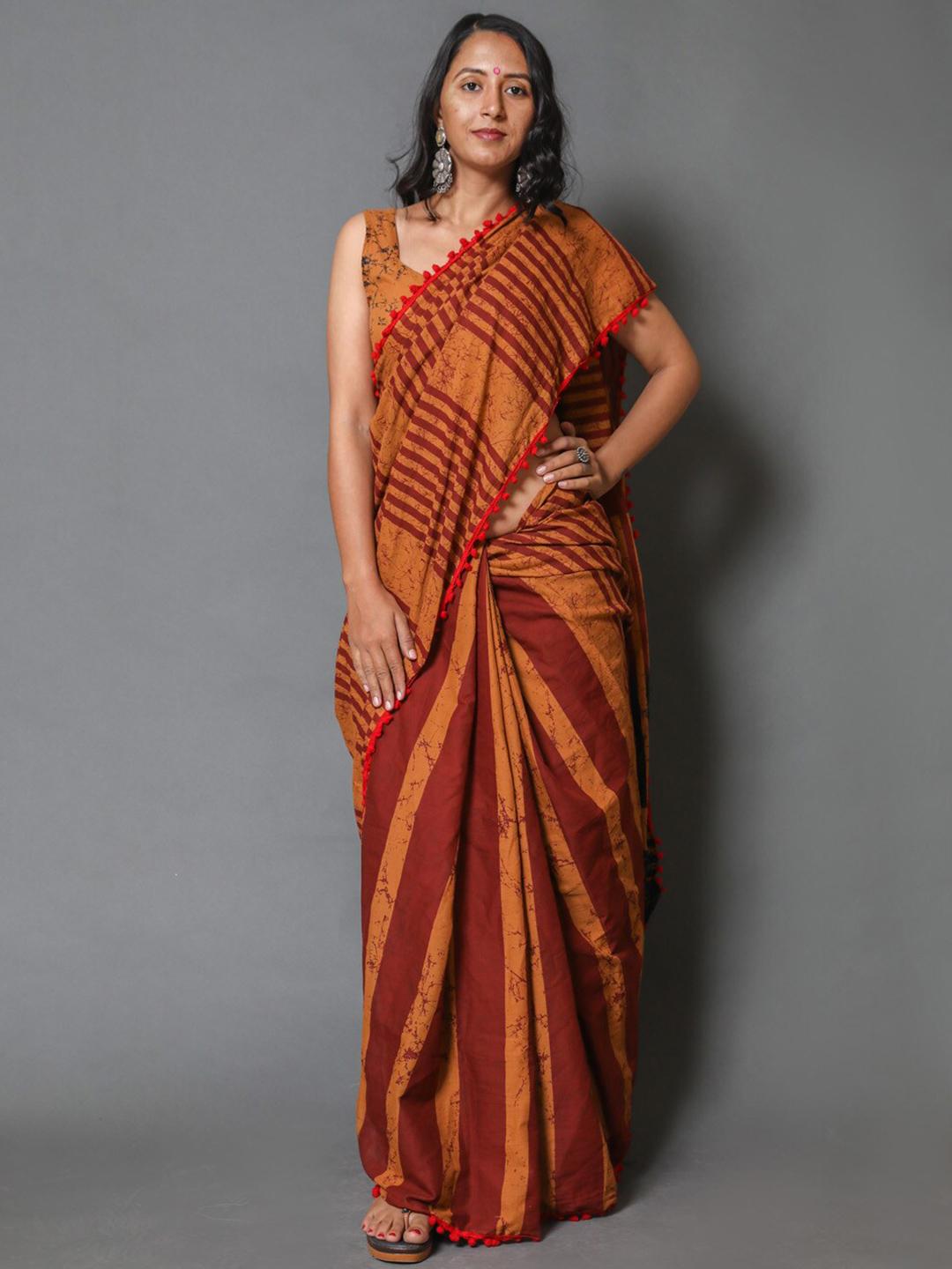 Buy JAIPURI BLOCK PRINT Striped Pom Pom Detail Pure Cotton Mulmul Block ...