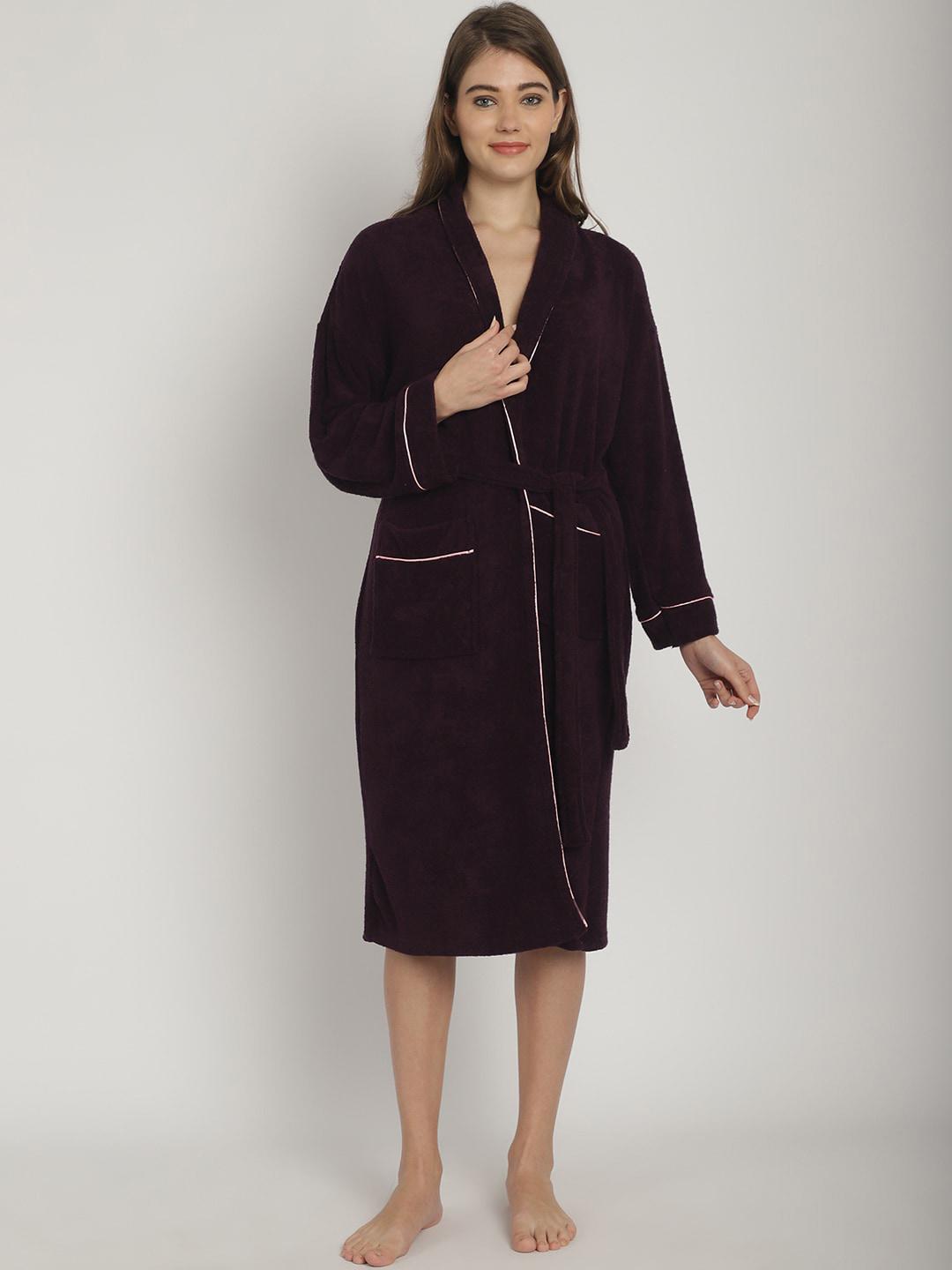 Buy ELEVANTO Purple Solid Cotton Drawstring Knee Length Bath Robe ...