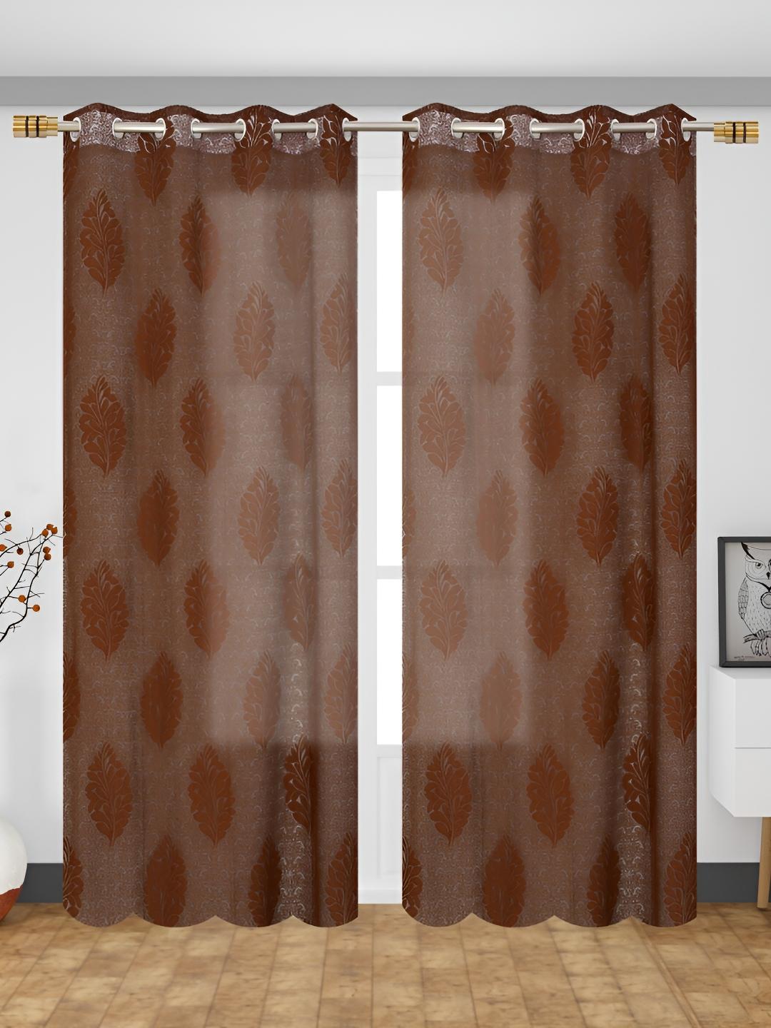 Buy Aura Brown 2 Pieces Floral Sheer Window Curtains - Curtains And ...