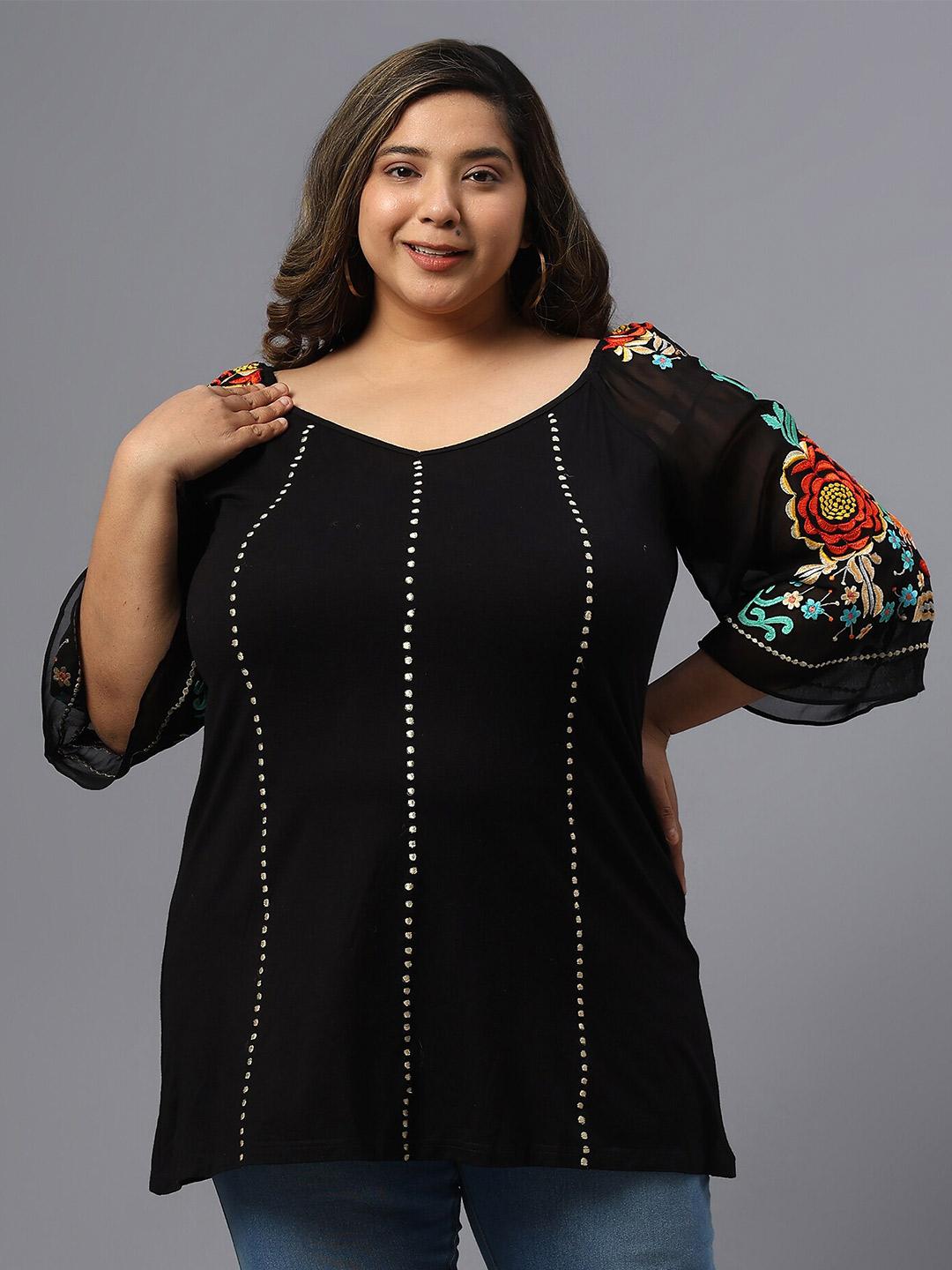 Buy SAAKAA Plus Size Polka Dot Embroidered V Neck Longline Pure Cotton ...