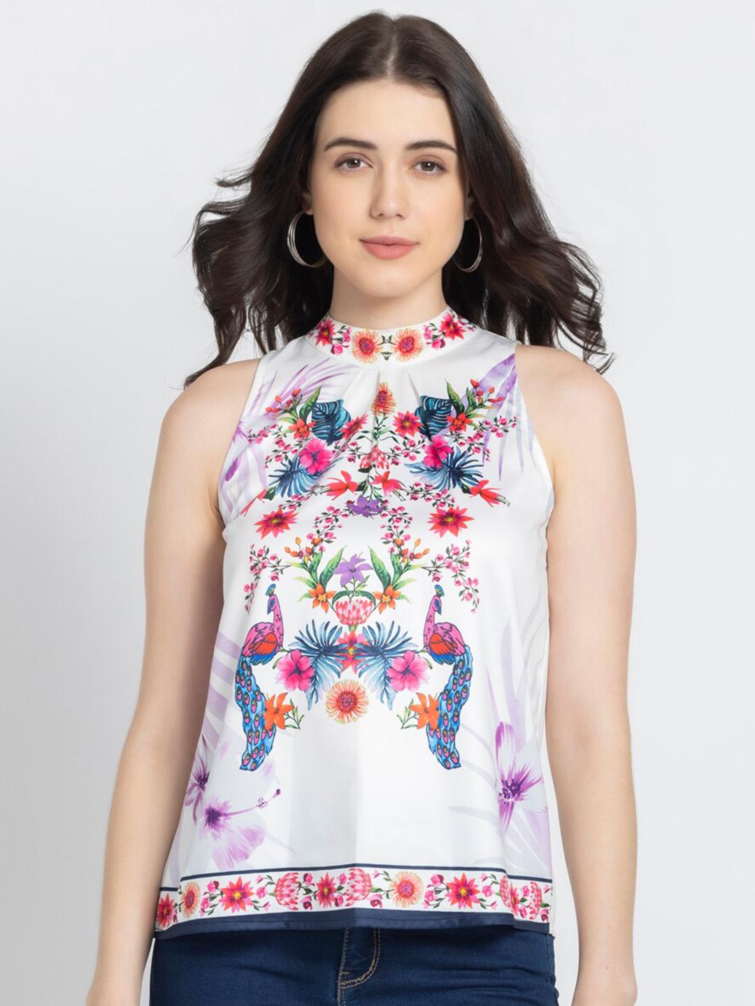 Buy SHAYE Floral Print Sleeveless Satin A Line Top - Tops for Women ...