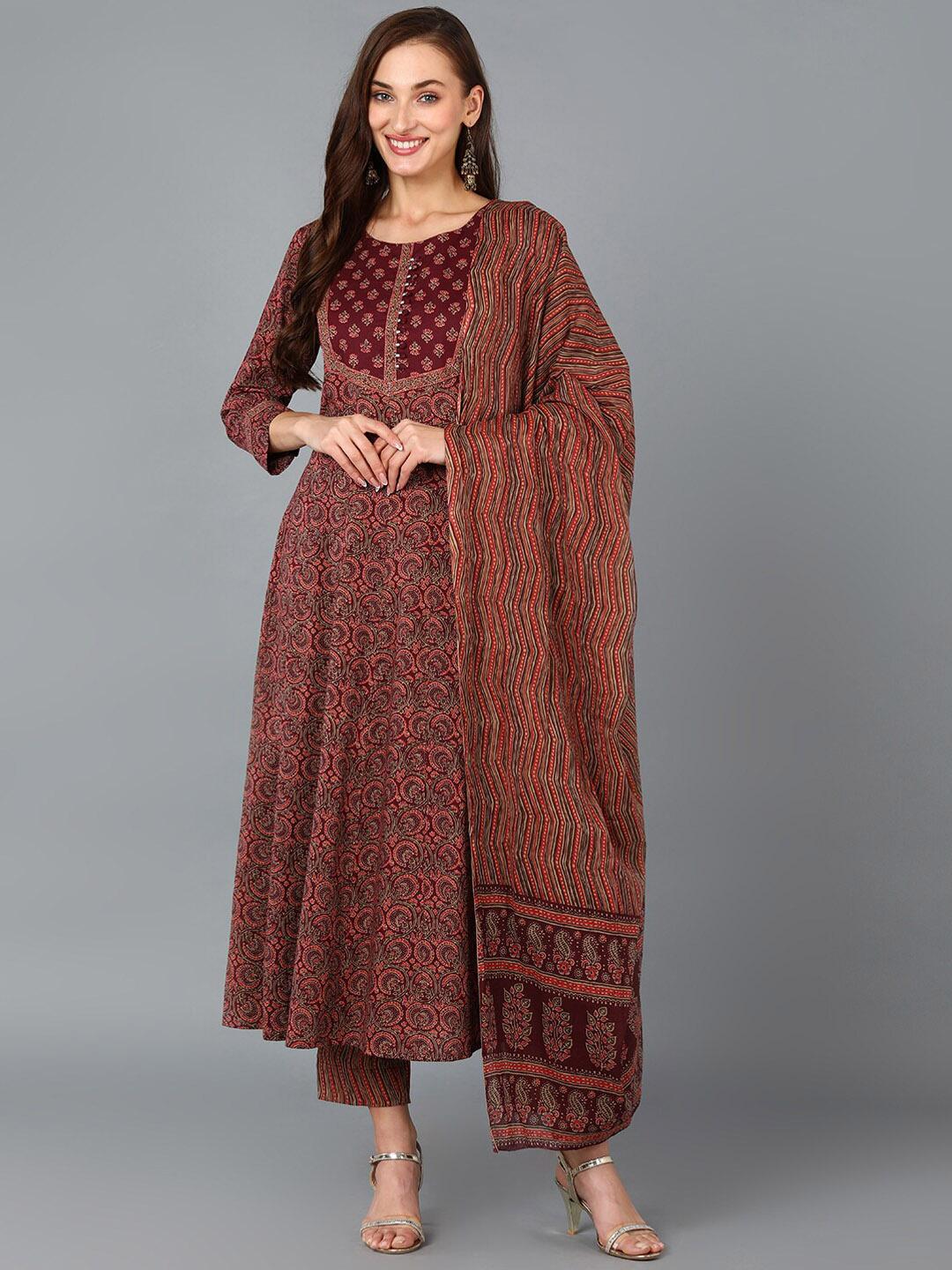 Buy AHIKA Ethnic Motifs Printed Round Neck Empire Flared Kurta With ...