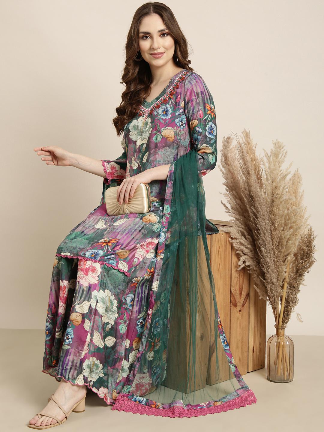 Buy SHOWOFF Floral Embroidered V Shape Mirror Work Straight Kurta With ...