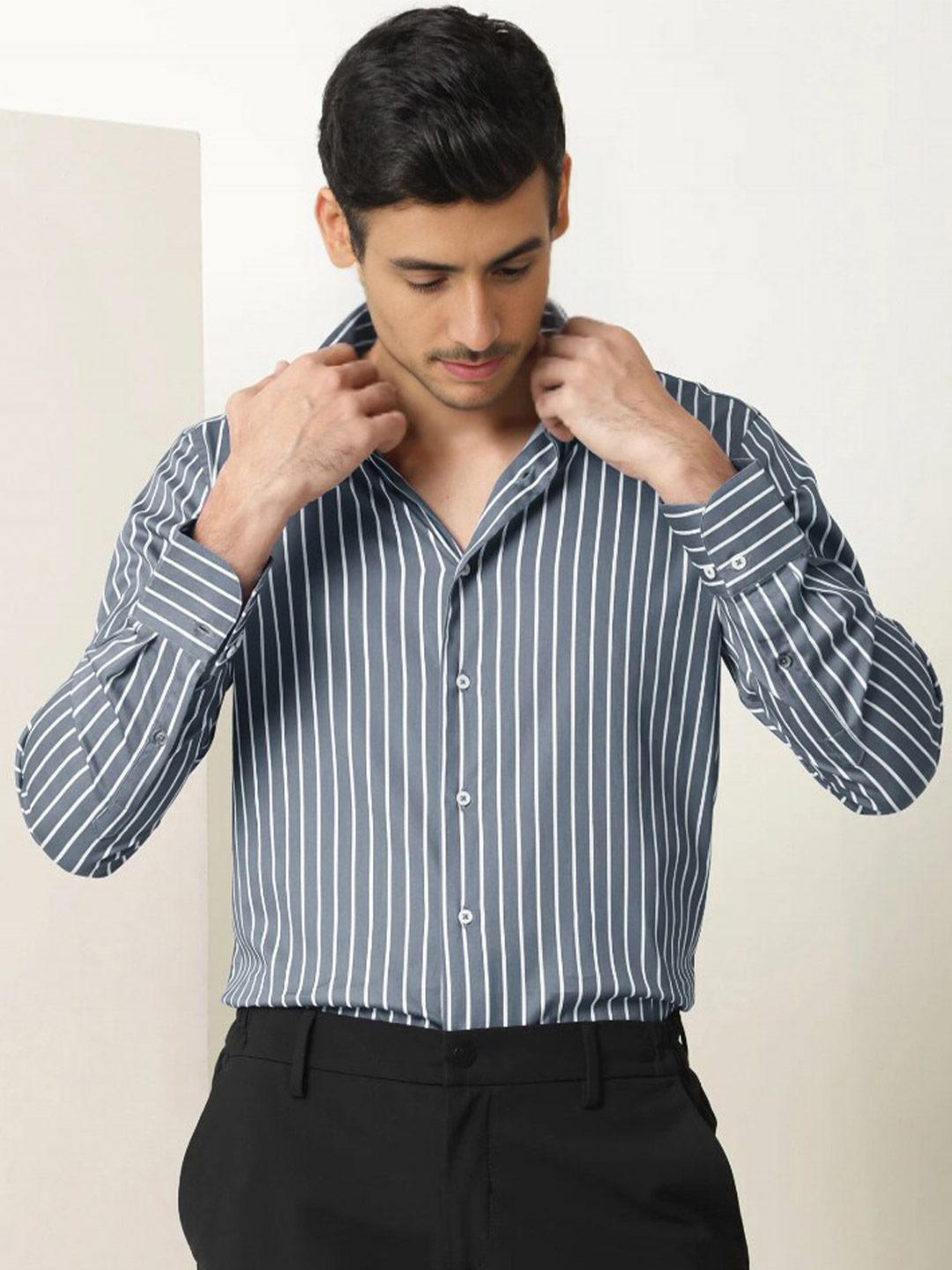 Buy MISCHIEF MONKEY Classic Striped Cotton Spread Collar Curved Formal ...