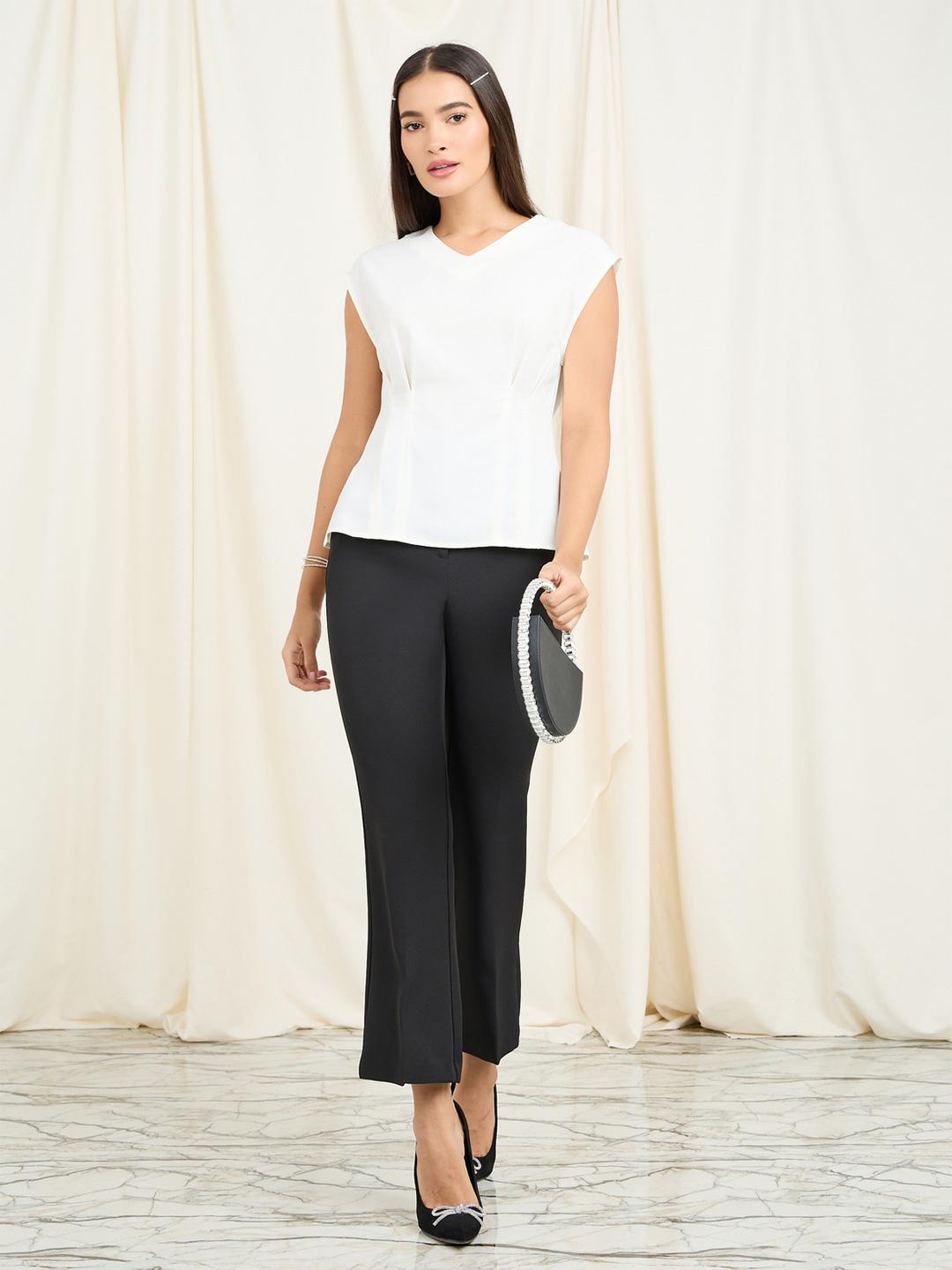 Buy Styli Off White V Neck Extended Sleeves Fold Pleated Detail Top ...