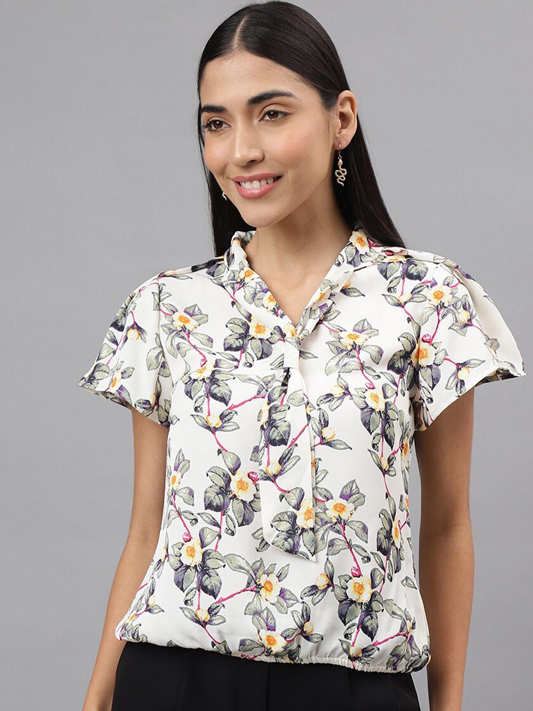 Buy Latin Quarters Floral Print Tie Up Neck Flared Sleeve Opaque Top ...