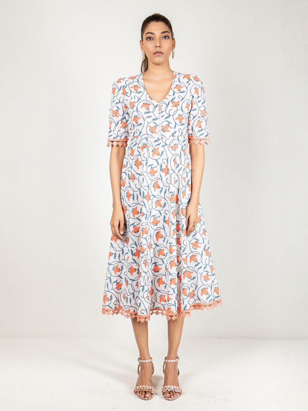 Buy INDIE JHOLA Floral Print V Neck Regular Sleeves Cotton A Line Midi ...