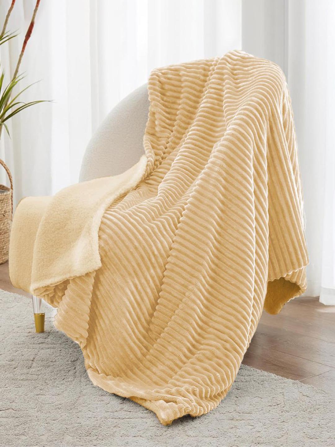 Buy Bsb Home Beige Striped Mild Winter 500 GSM Single Bed Blanket ...