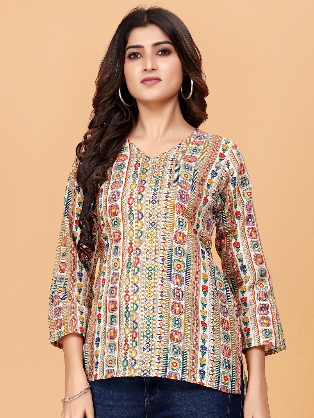 Buy BAESD Ethnic Motifs Printed V Neck Cotton Top - Tops for Women ...