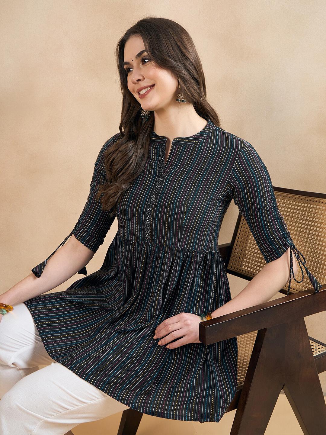 Buy Anouk Striped Thread Work Mandarin Collar Pure Cotton A Line Short ...