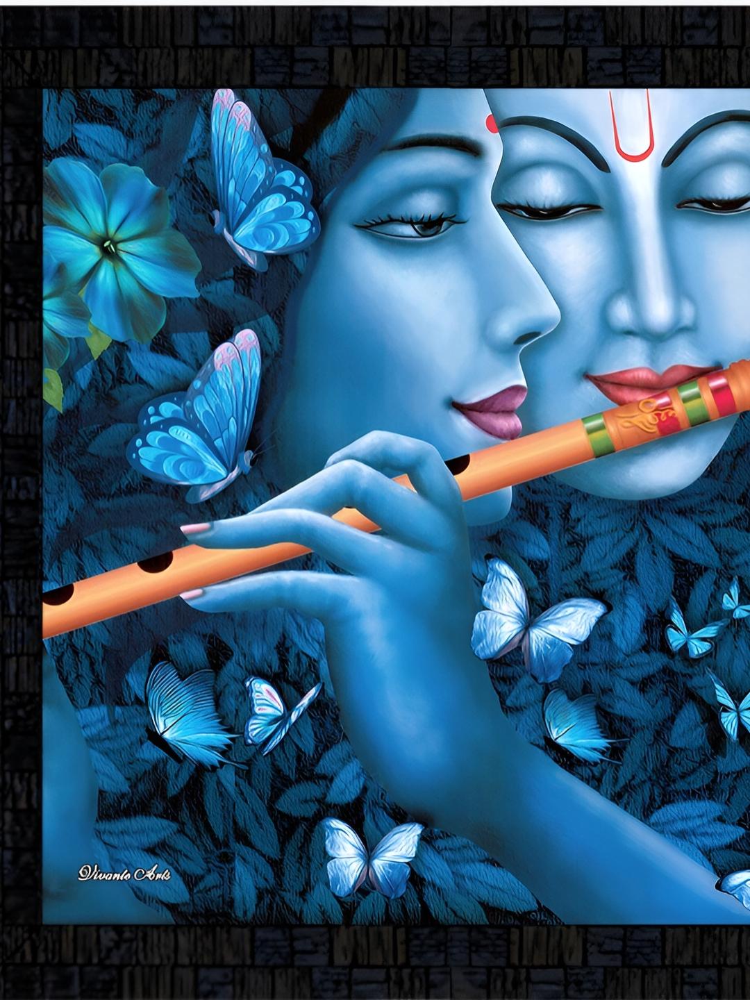 Buy PnF Black & Blue Radha Krishna Religious Wooden Painting Wall Art ...