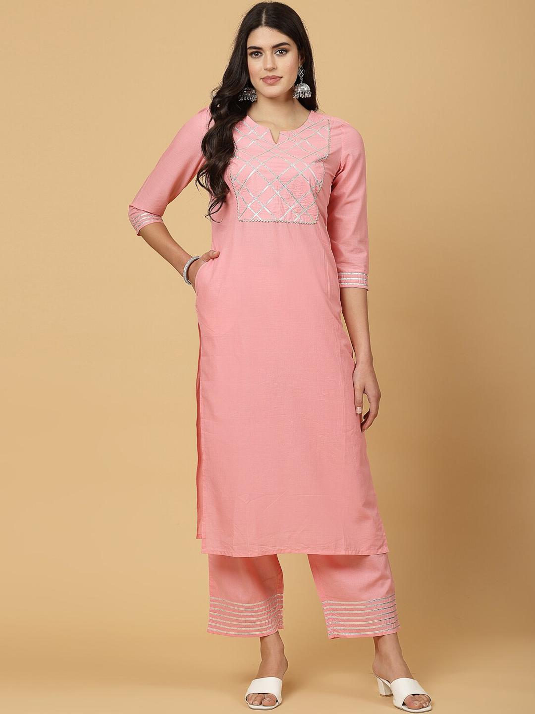 Buy Pistaa Yoke Design Regular Gotta Patti Pure Cotton Kurta With ...