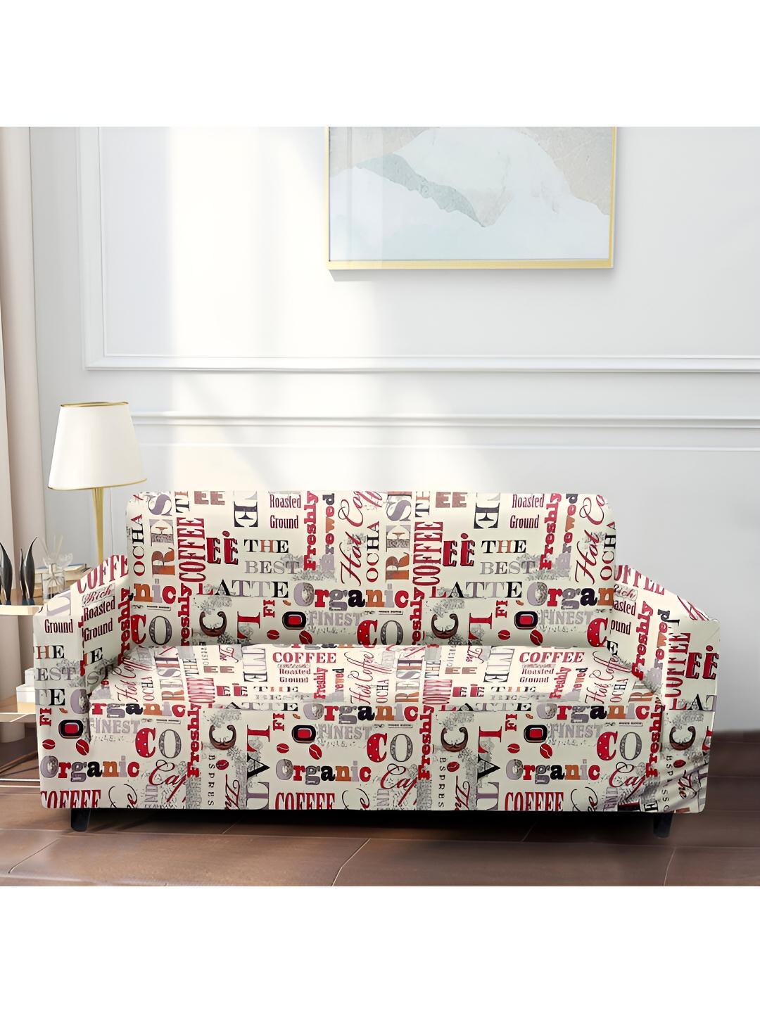 Buy Cortina Cream Typography Polyester Stretch Fit Straight 2 Seater ...