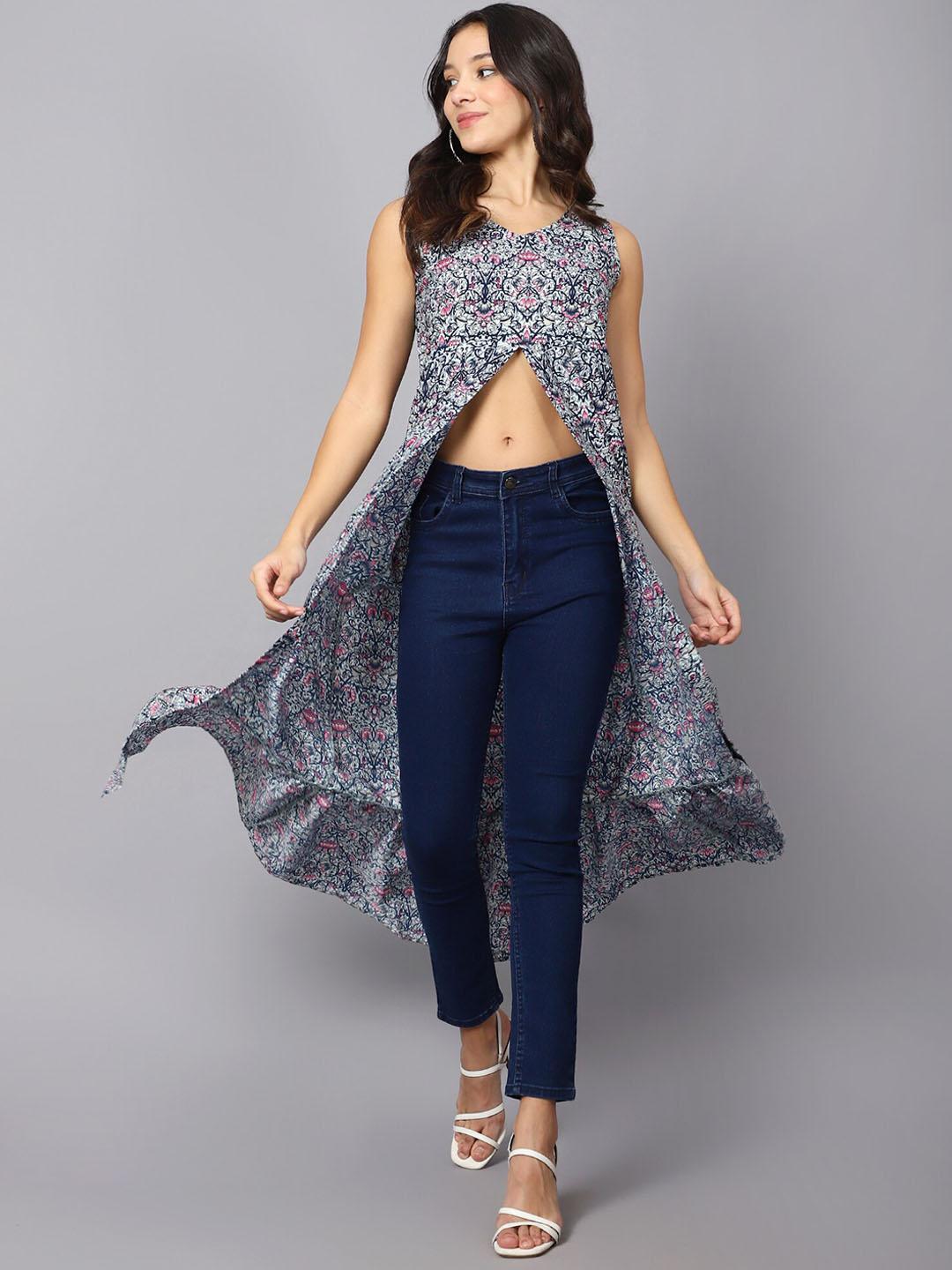 Buy VESICLE Floral Printed Front High Slit Kurta - Kurtas for Women ...