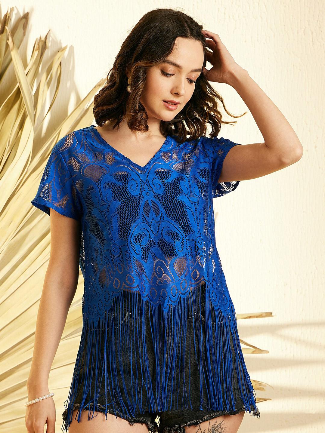 Buy StyleStone Self Design Fringed Sheer Lace Top - Tops for Women ...