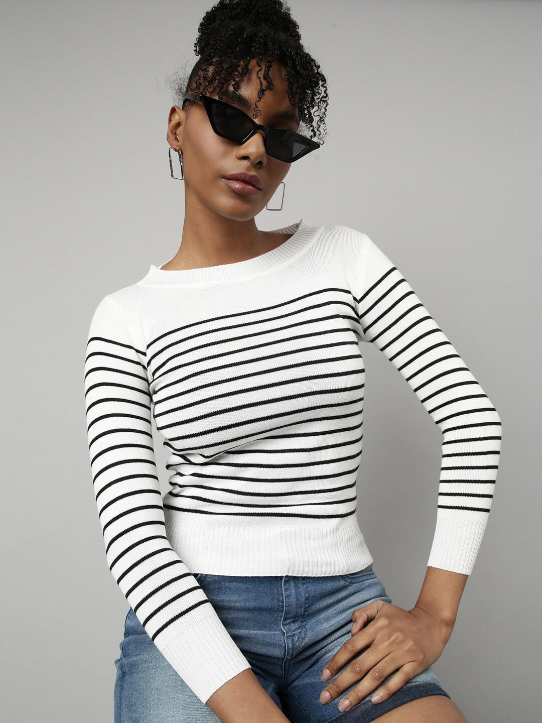 Buy SHOWOFF Horizontal Stripes Long Sleeves Acrylic Fitted Top - Tops ...