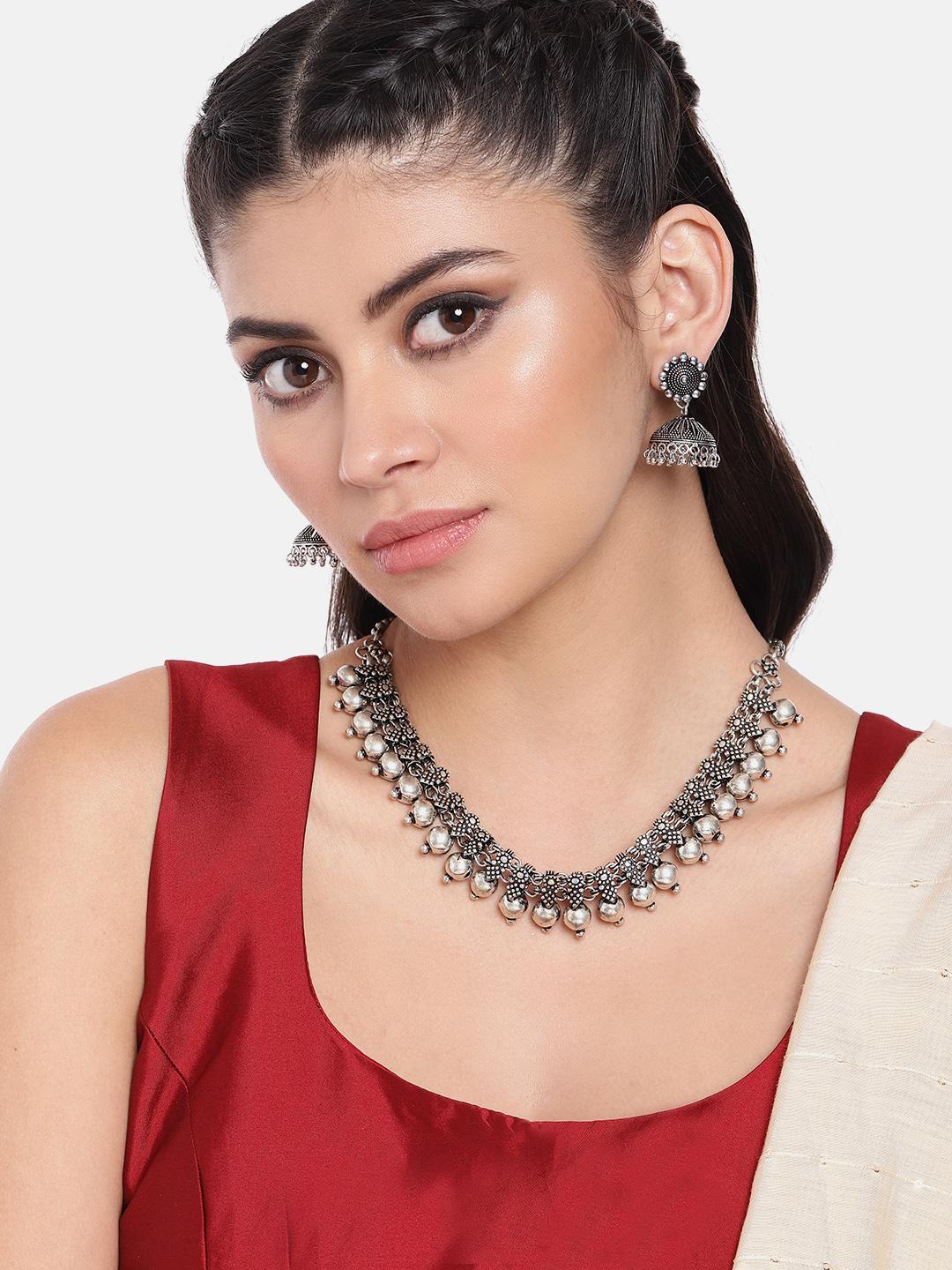 Buy AITIHYA Silver Plated Oxidised Traditional Kolhapuri Jewellery Set ...