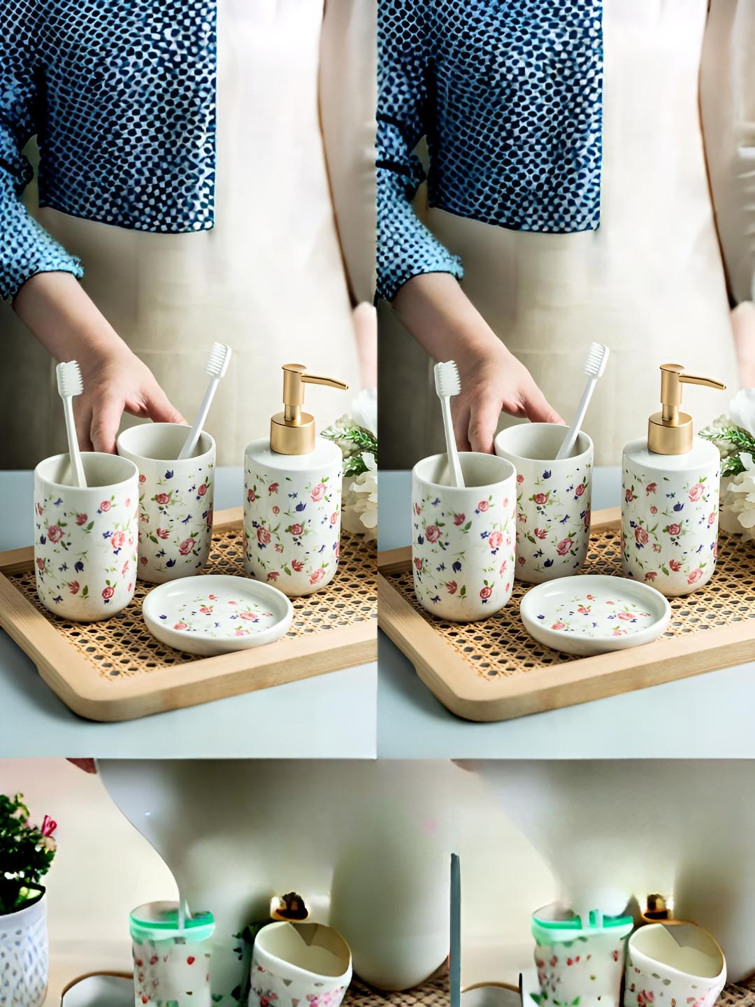 Buy USHA SHRIRAM White 4 Pieces Floral Ceramic Contemporary Bath ...