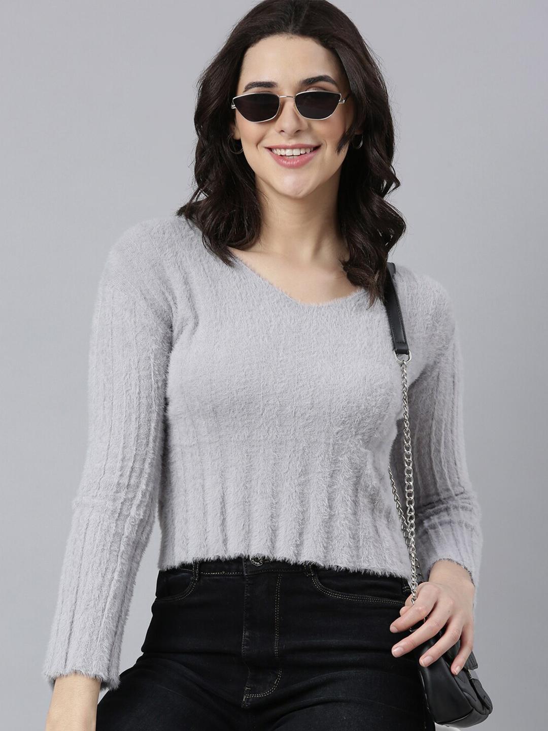 Buy SHOWOFF Self Design V Neck Long Sleeves Opaque Casual Top - Tops ...