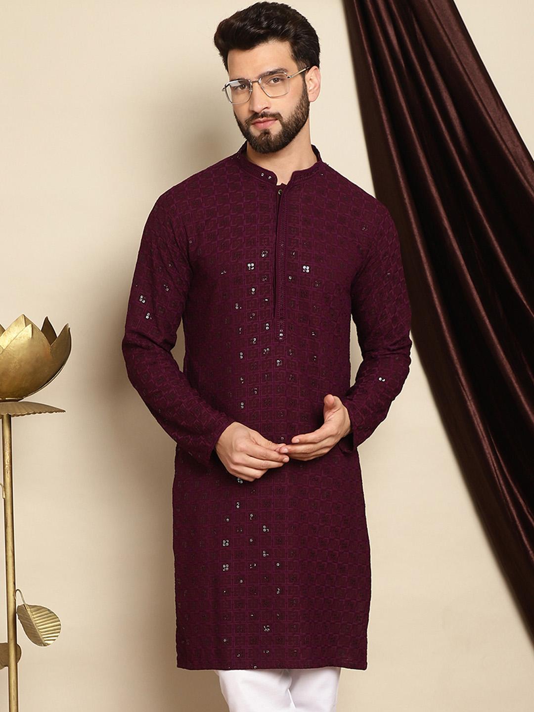 Buy Anouk Maroon Embroidered Sequined Mandarin Collar Pure Cotton Kurta ...