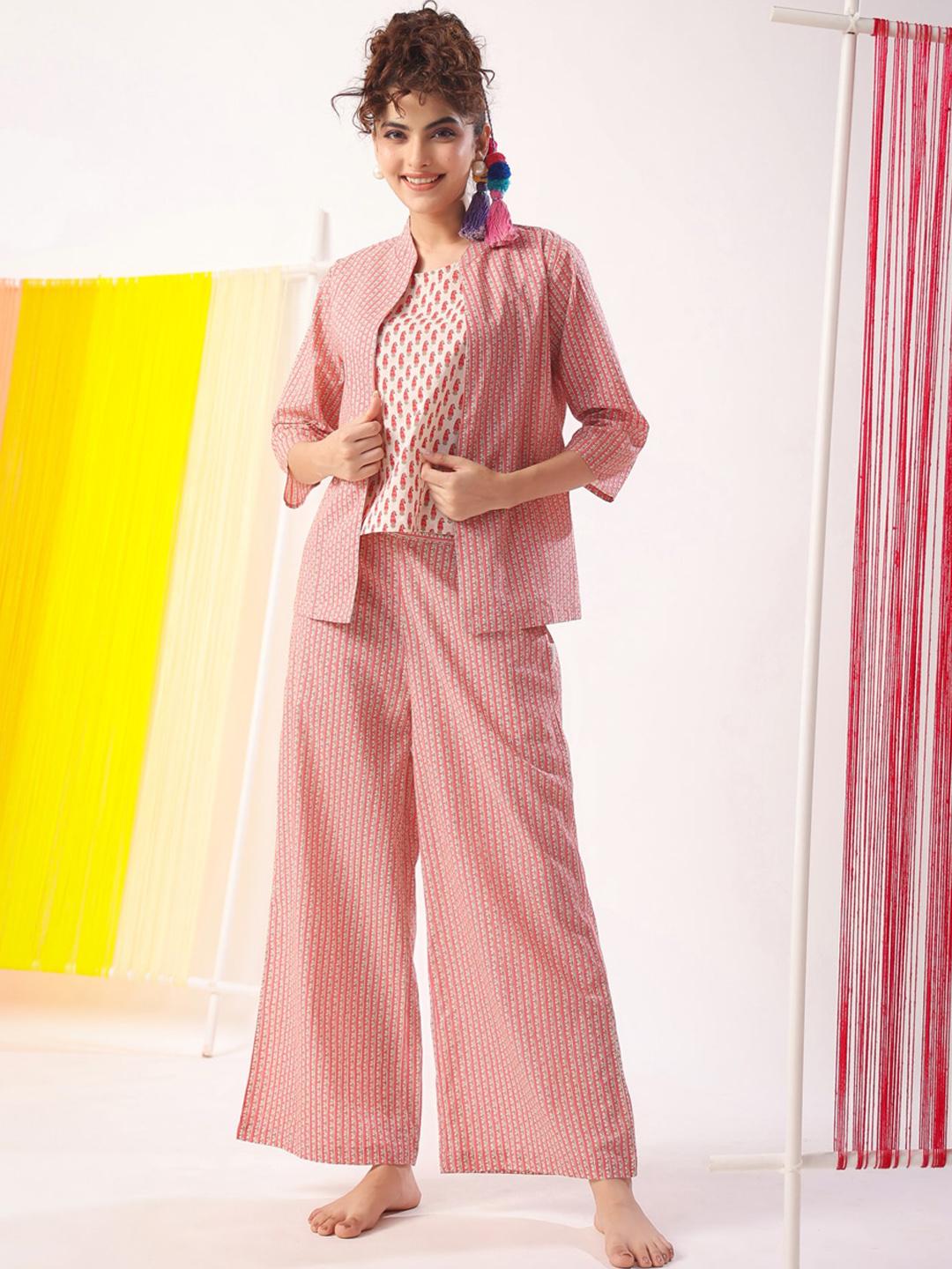 Buy JISORA Red Floral Printed Pure Cotton Night Suit - Night Suits for ...