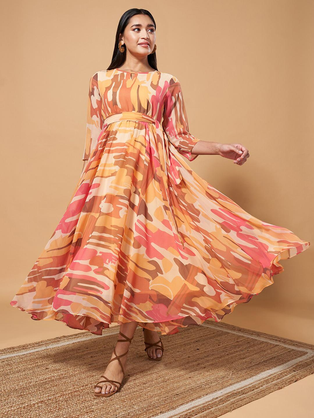 Buy Marigold Lane Abstract Printed Keyhole Neck Fit And Flare Maxi ...