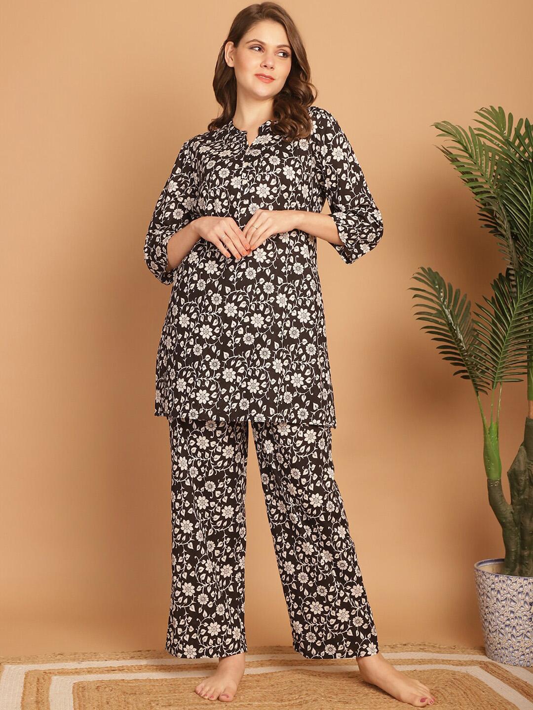 Buy Indreams Printed Pure Cotton Mandarin Collar Night Suit - Night ...