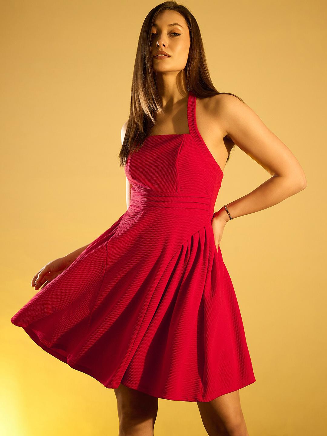 Buy STYLECAST X KASSUALLY Red Halter Neck Fit & Flare Dress - Dresses ...
